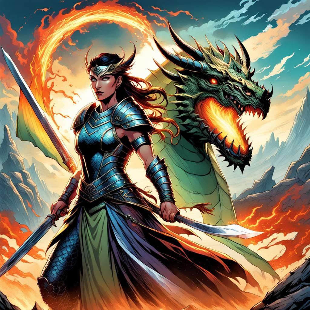 A beautiful lady warrior in a rainbow dress. A mighty dragon stands ...