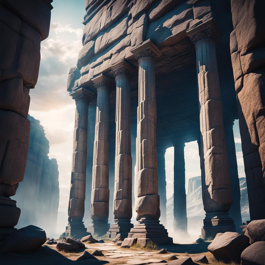 Tall Stone Pillars reaching for the sky as a portal slowly opens with blinding white light ...