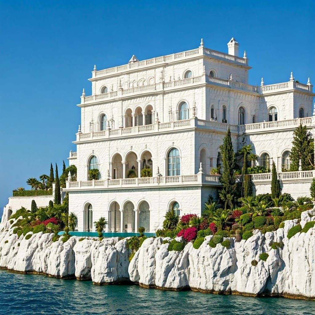 Roman Marble Estate Cliffside Mansion in White - AI Art