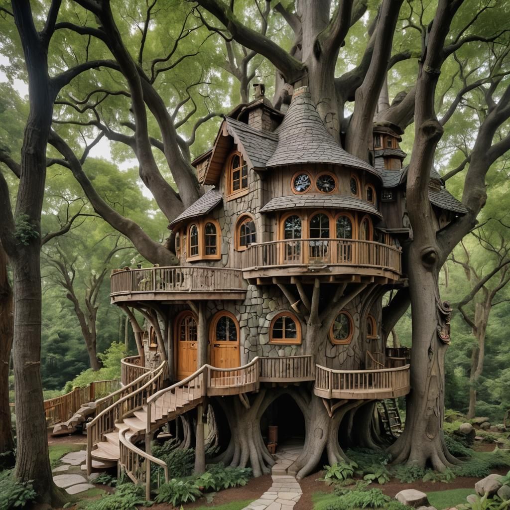 Wood and Stone Treehouse - AI Generated Artwork - NightCafe Creator