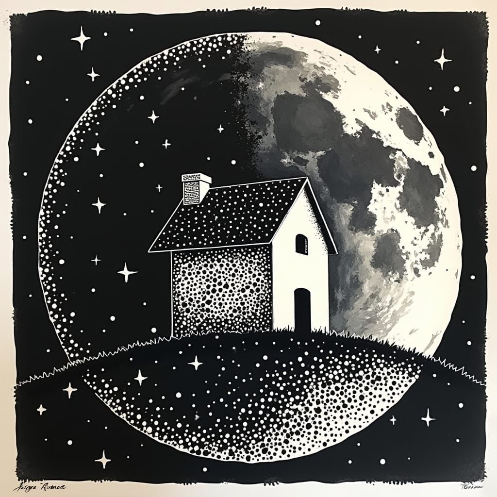 black and white high contrast linocut house on the moon pitch black and ...