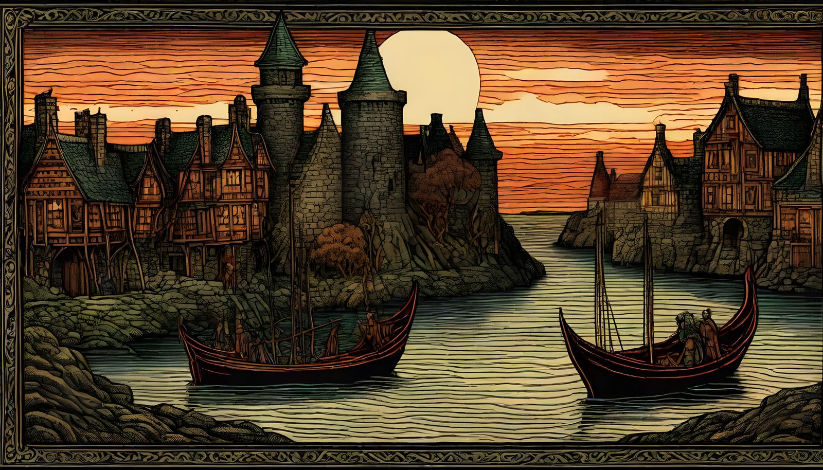 Fantastical - Medieval Fantasy Scene in Dark Woodcut Style