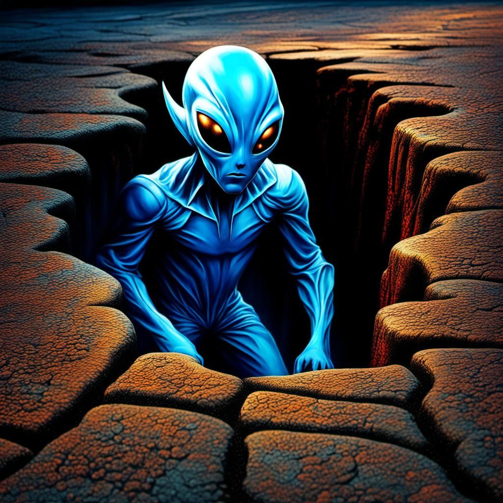 Chalk pavement Alien Emerging from below ground. - AI Generated Artwork ...