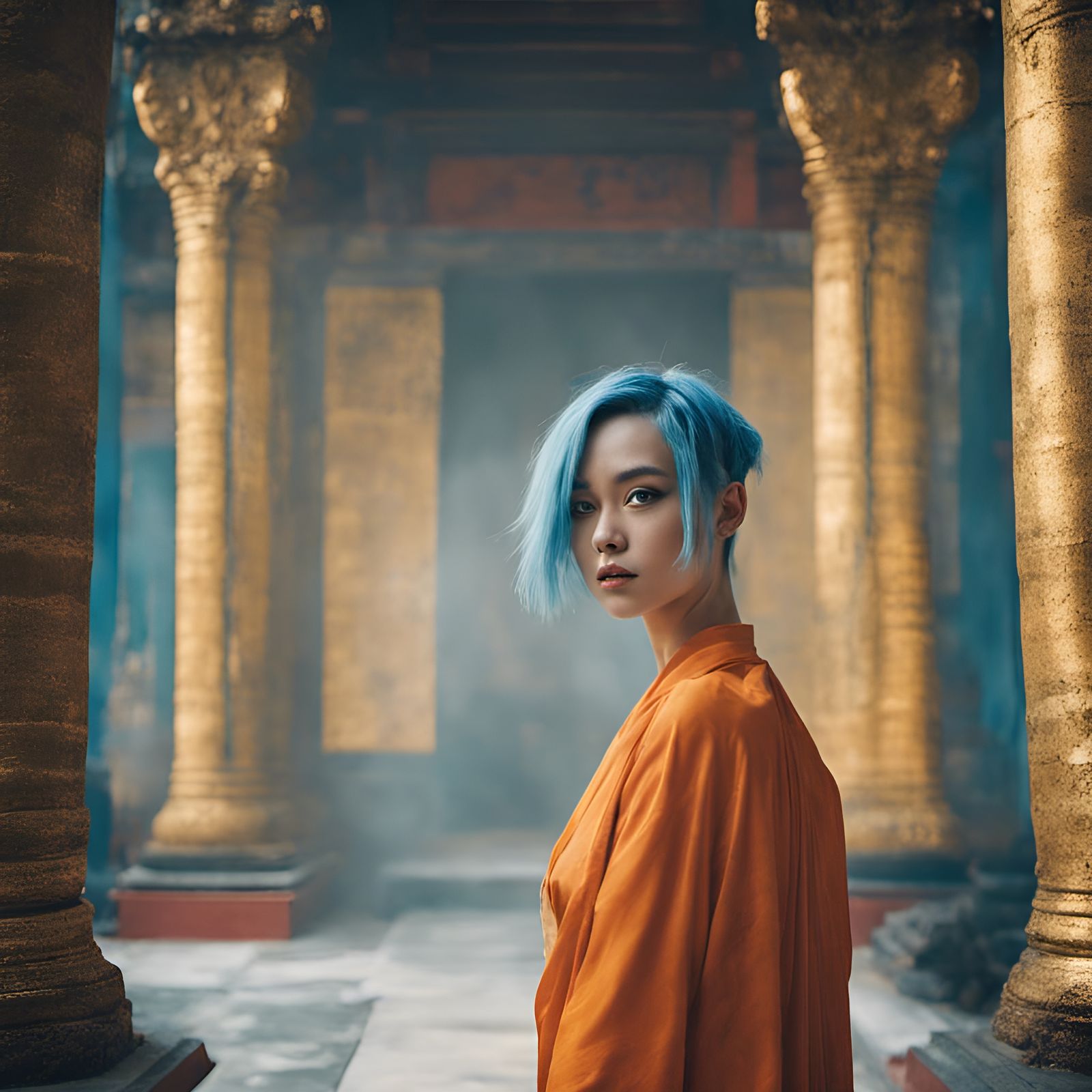 Cropped Blue hair in temple robes - AI Generated Artwork - NightCafe ...