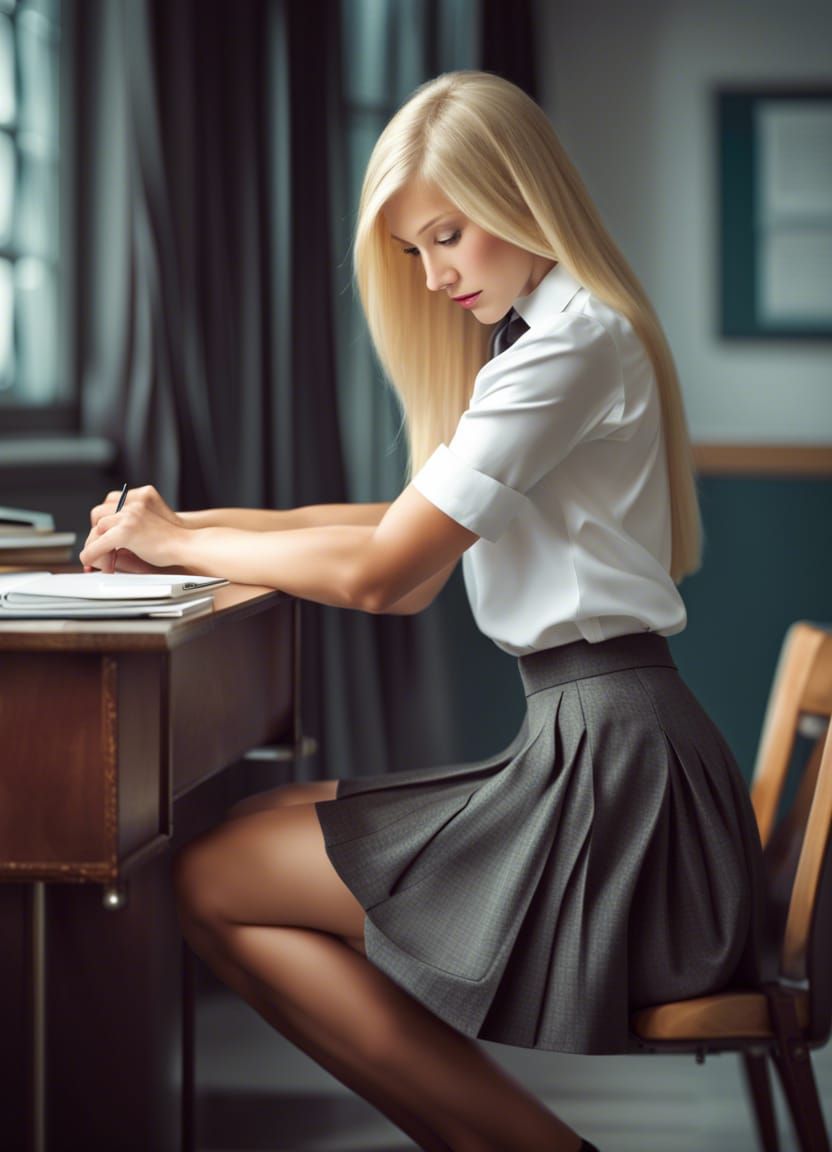 Beautiful Blonde Secretary Girl In School Skirt Bending Over Portrait Realistic Photo Style