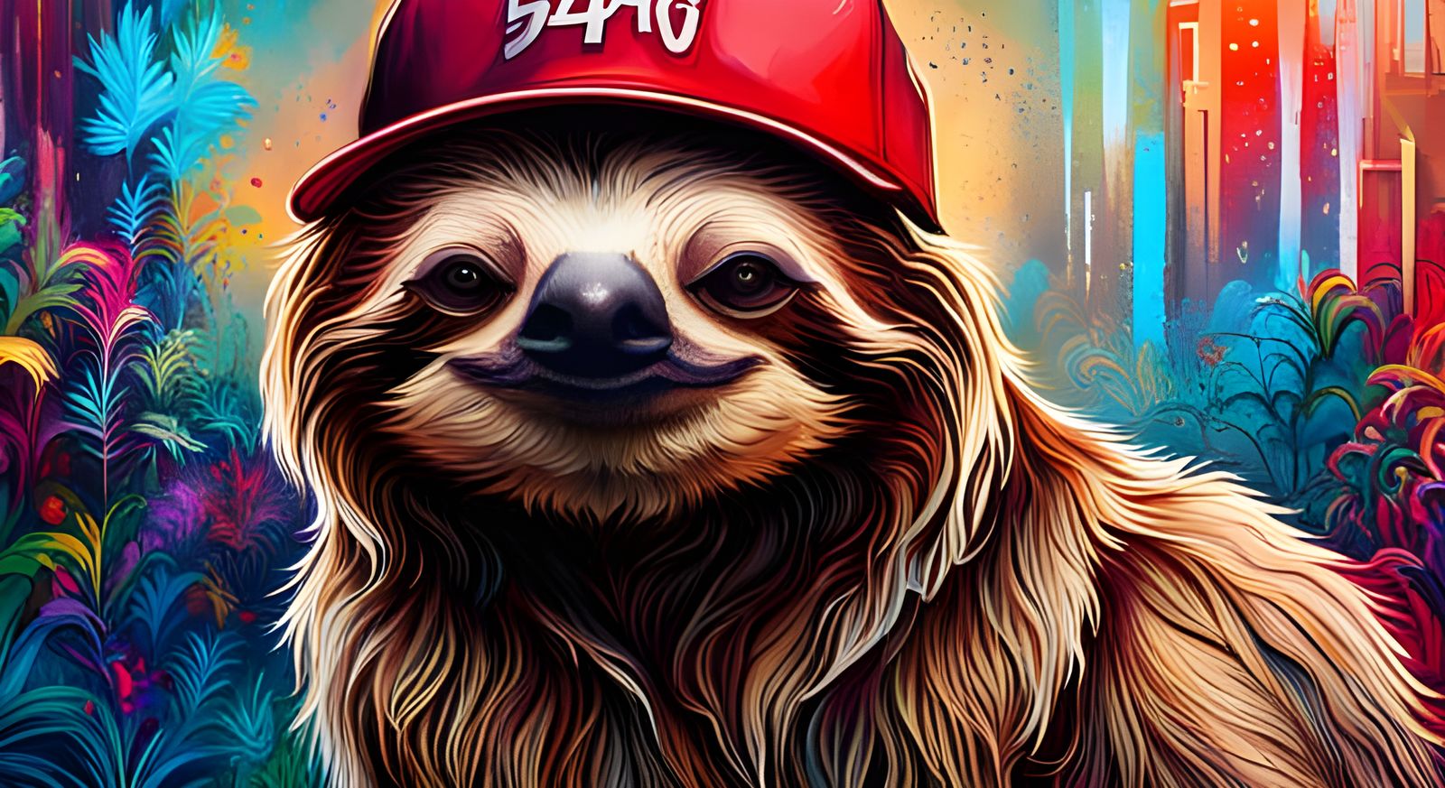 Sloth wearing cap - Adorable Trippy-Eyed Sloth in Graffiti S...