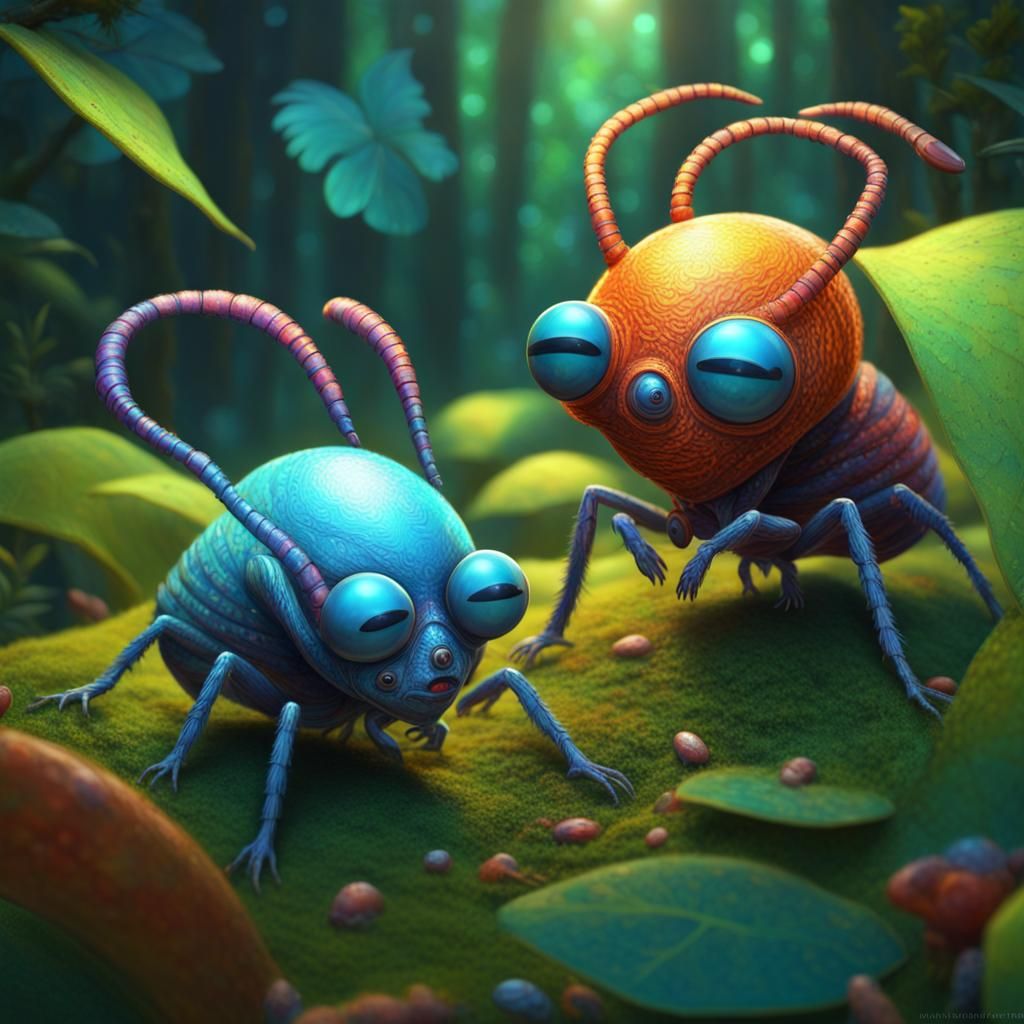 2 cute alien bugs in the jungle, in the style of hyperrealistic ...