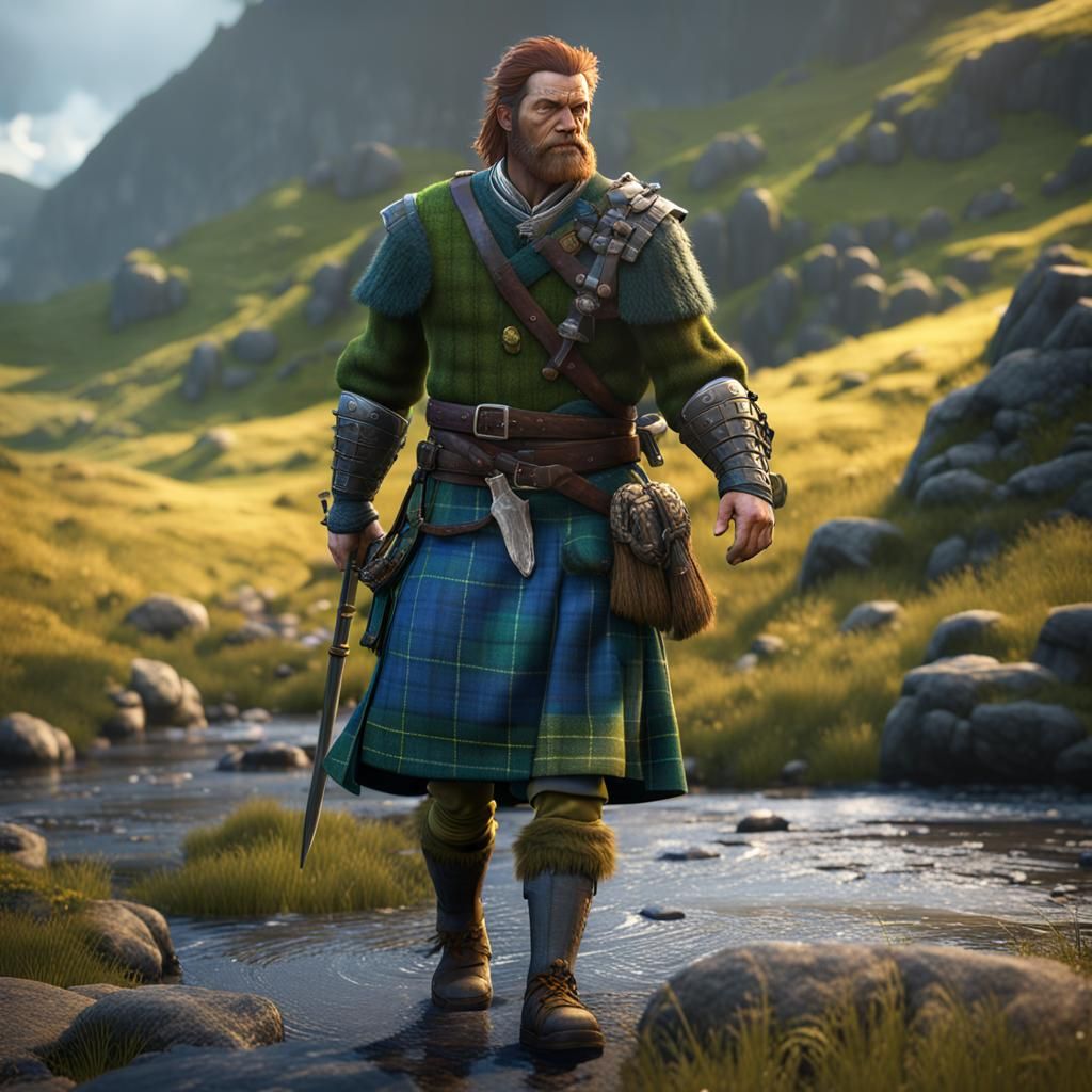 a highlander in full kilt of blue, green and yellow in the Scottish ...