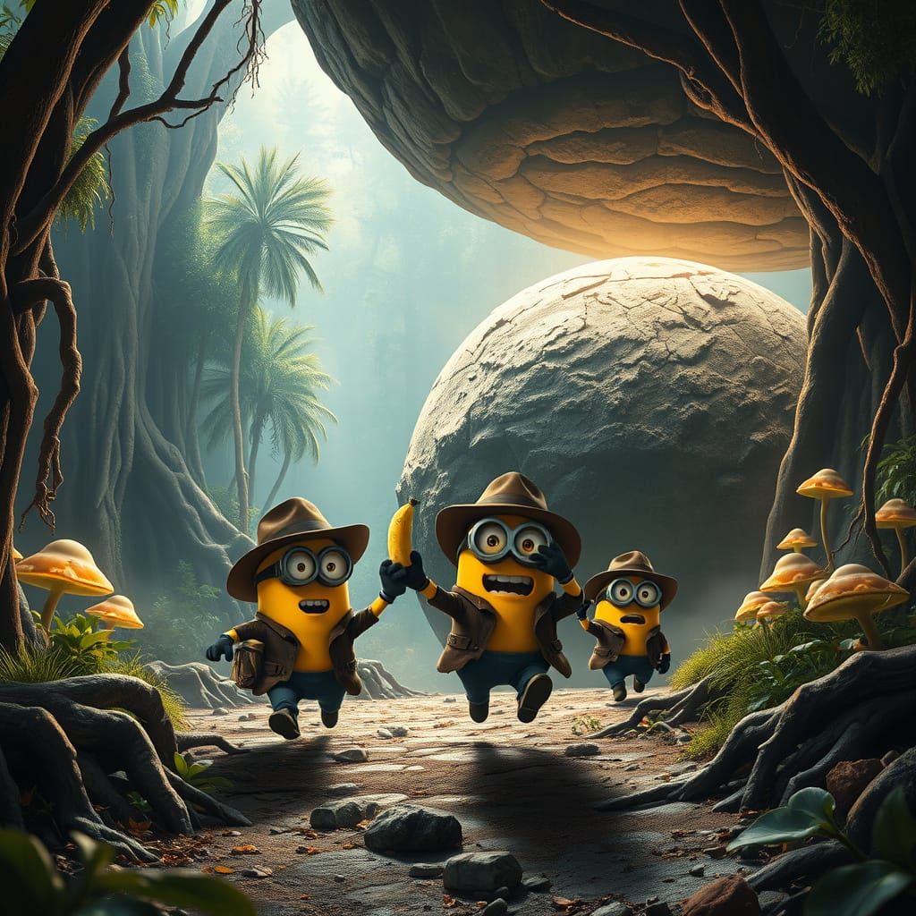 Indiana Jones Minions Flee Ancient Jungle Boulder - AI Art