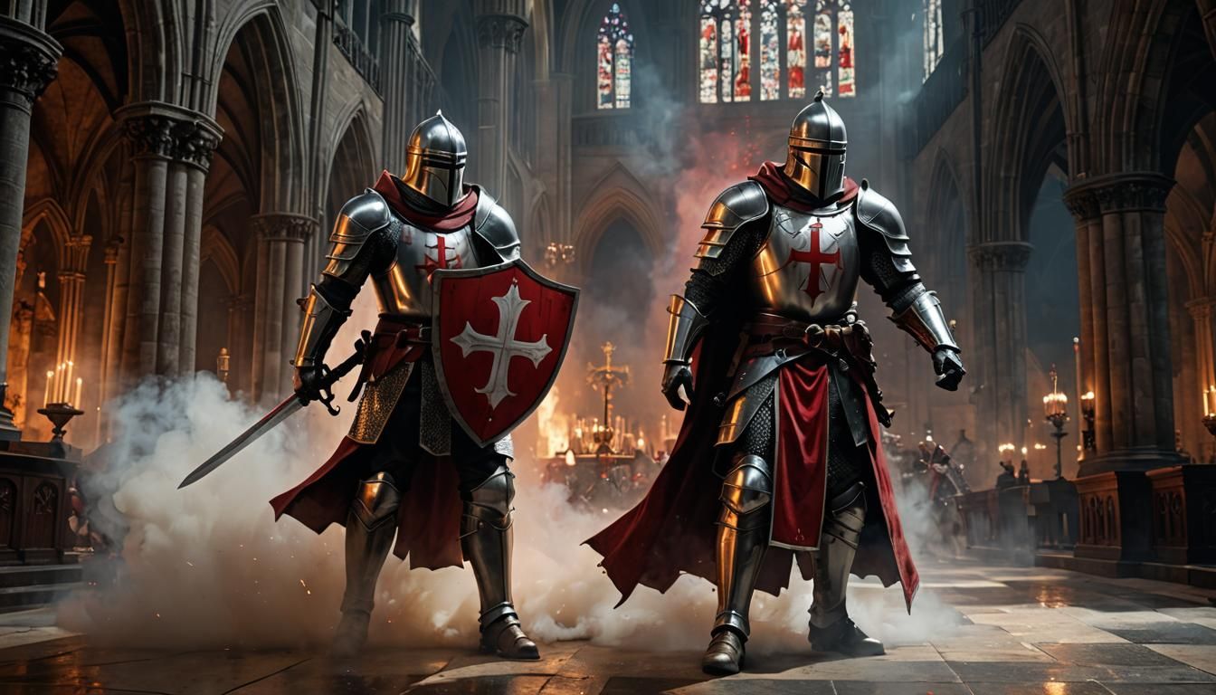 Knights Templar - Knight Templar Kneeling in Cathedral, Dark...