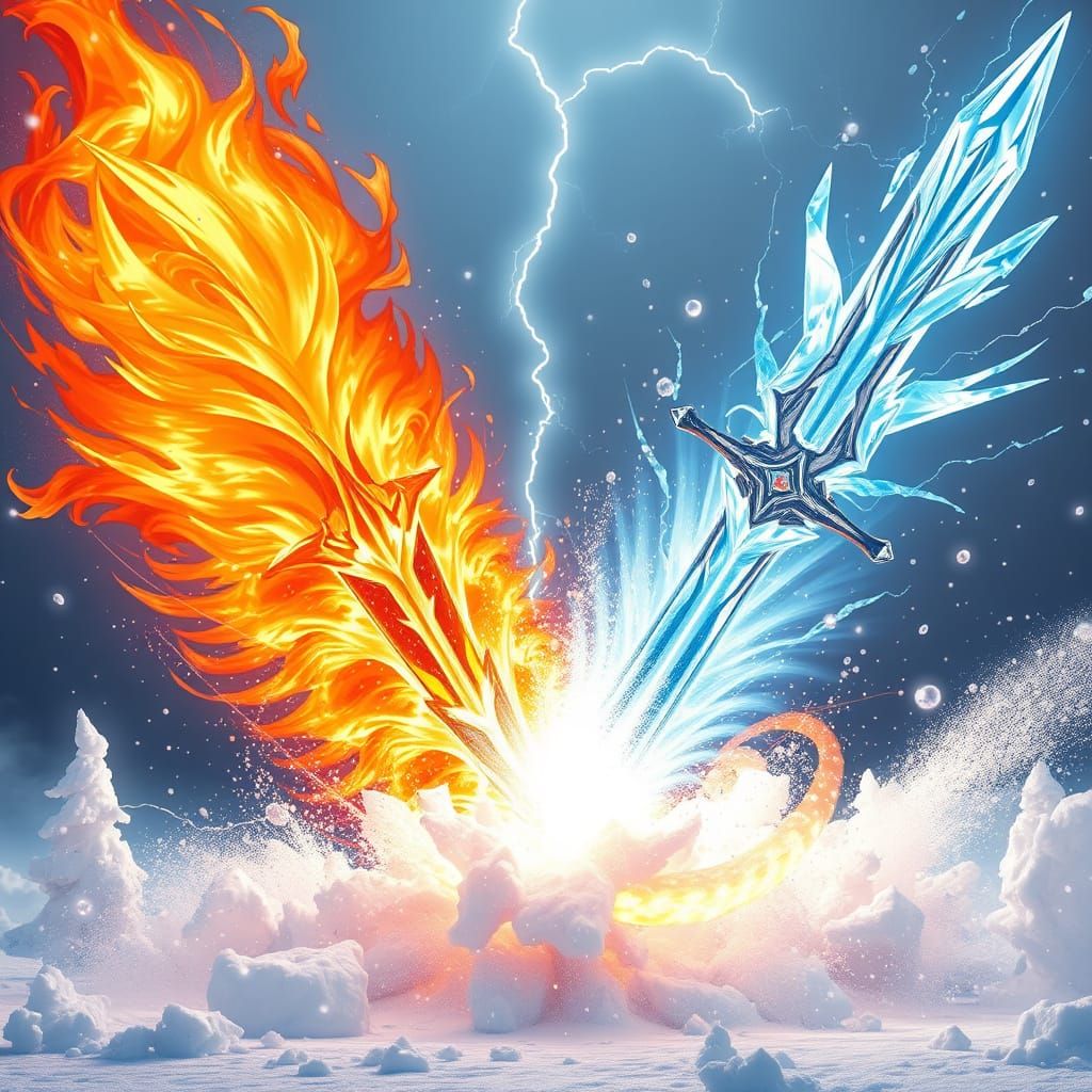 Elemental Swords Clash in Fiery, Icy Explosion - AI Art