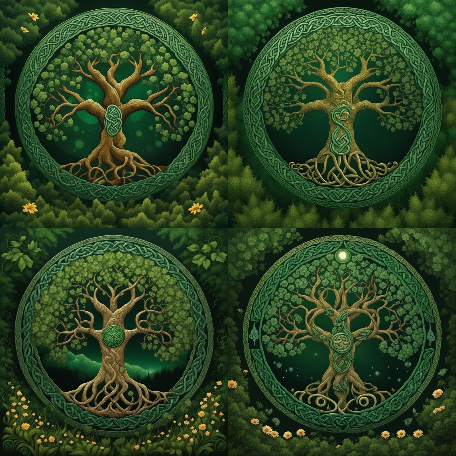 Celtic tree of life in the night deep green forest in a circle with ...