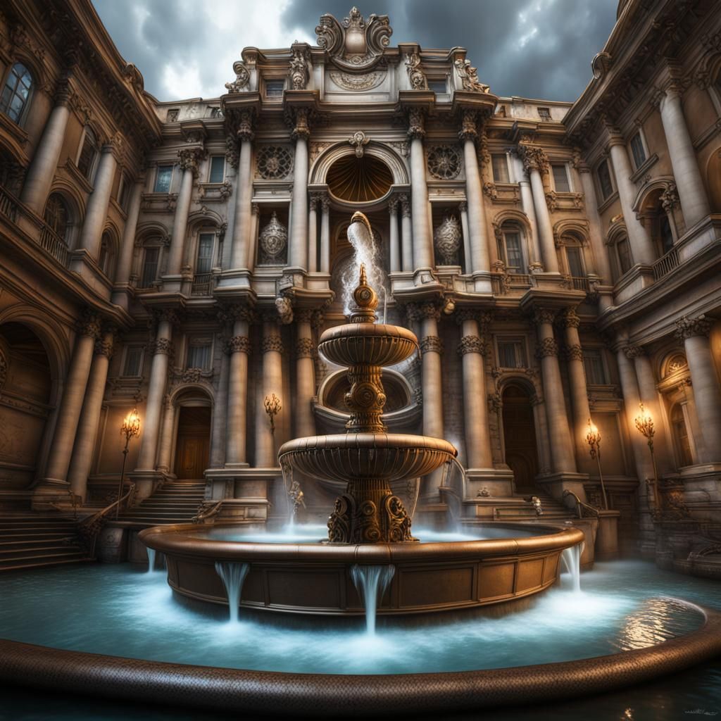 steampunk water fountain, trevi, waterfall, hyperdetailed, elaborate ...