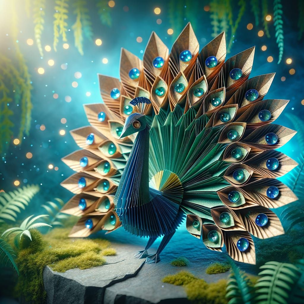 Origami Peacock in Metallic Paper with Shimmering ... - AI Art