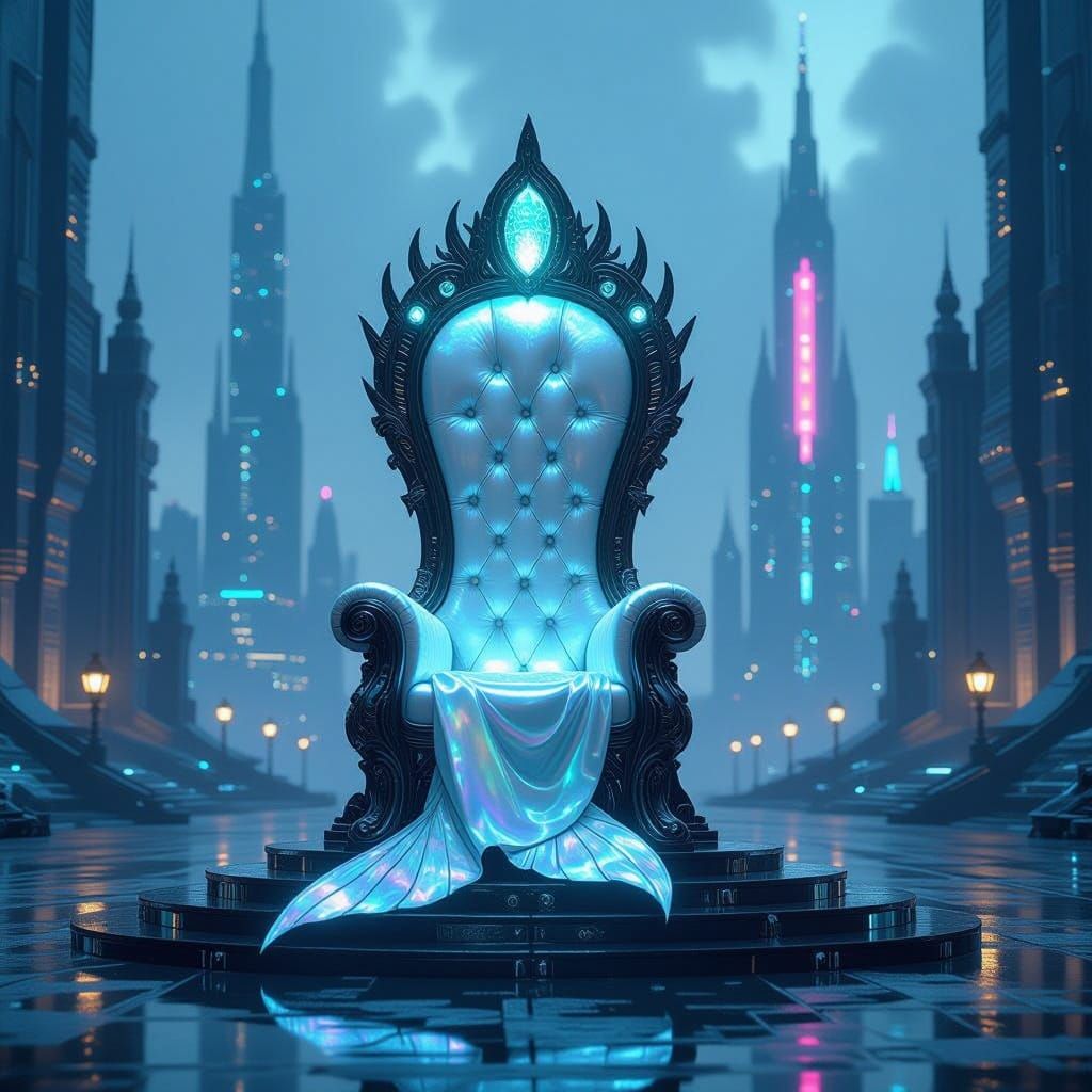 Cyberpunk Mermaid Throne in Abandoned Atlantis Met... - AI Art