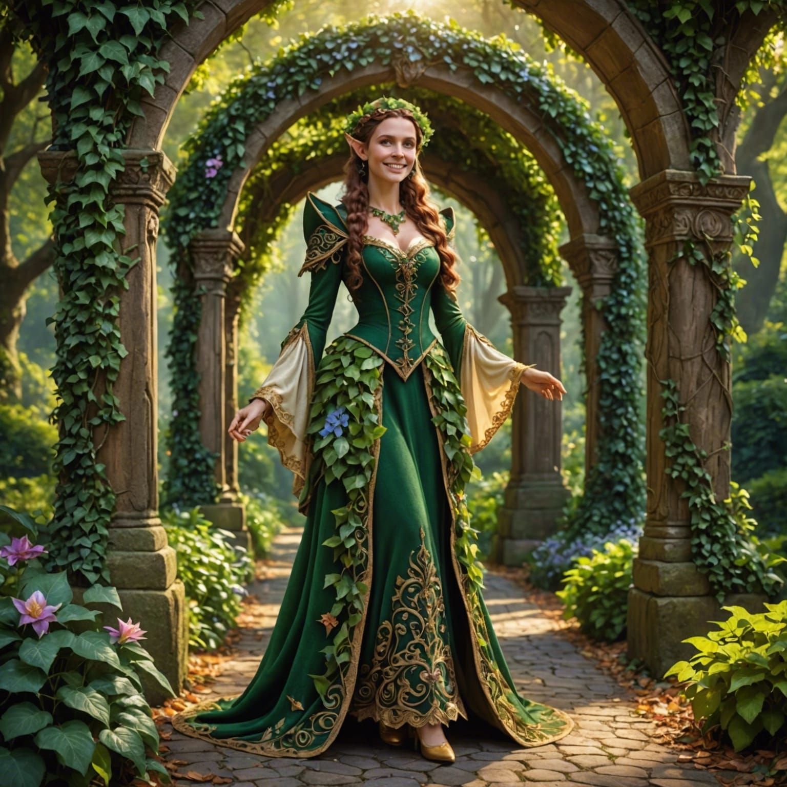 full-length portrait of a splendid, richly dressed elf lady smiling ...
