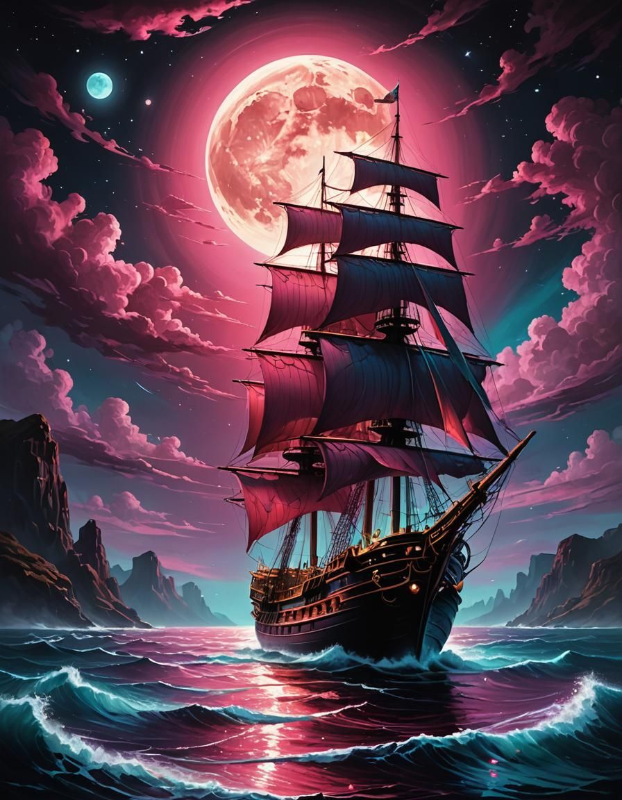 a painting of a ship with a full moon in the background, an acrylic ...