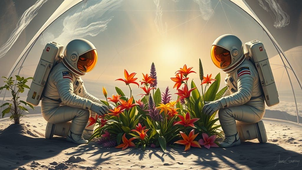 Astronauts in Lunar Greenhouse Tend to Exotic Flow... - AI Art