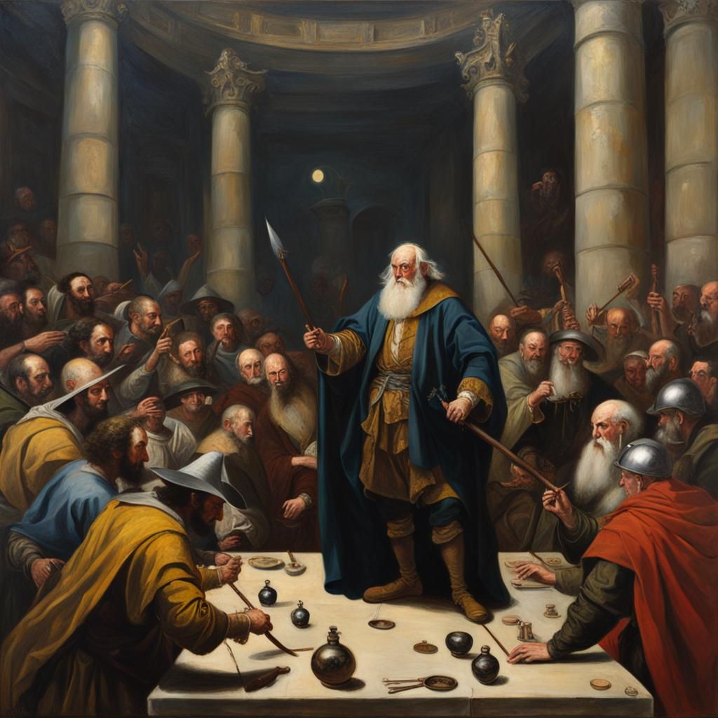 a depiction of a modern wizard fighting two groups at once using bosch ...