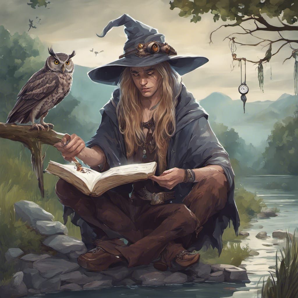young fantasy wizard with hat, owl familiar reading his spell book sit ...
