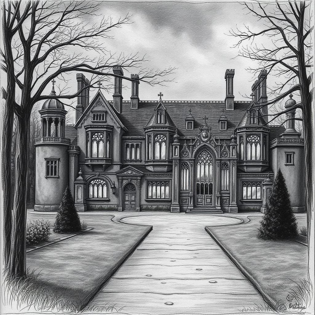Surreal English Manor Revealed in Dark Pencil Cros... - AI Art