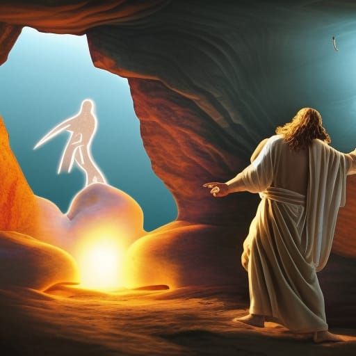 A glowing angelic figure pushing away a large stone away from a small ...