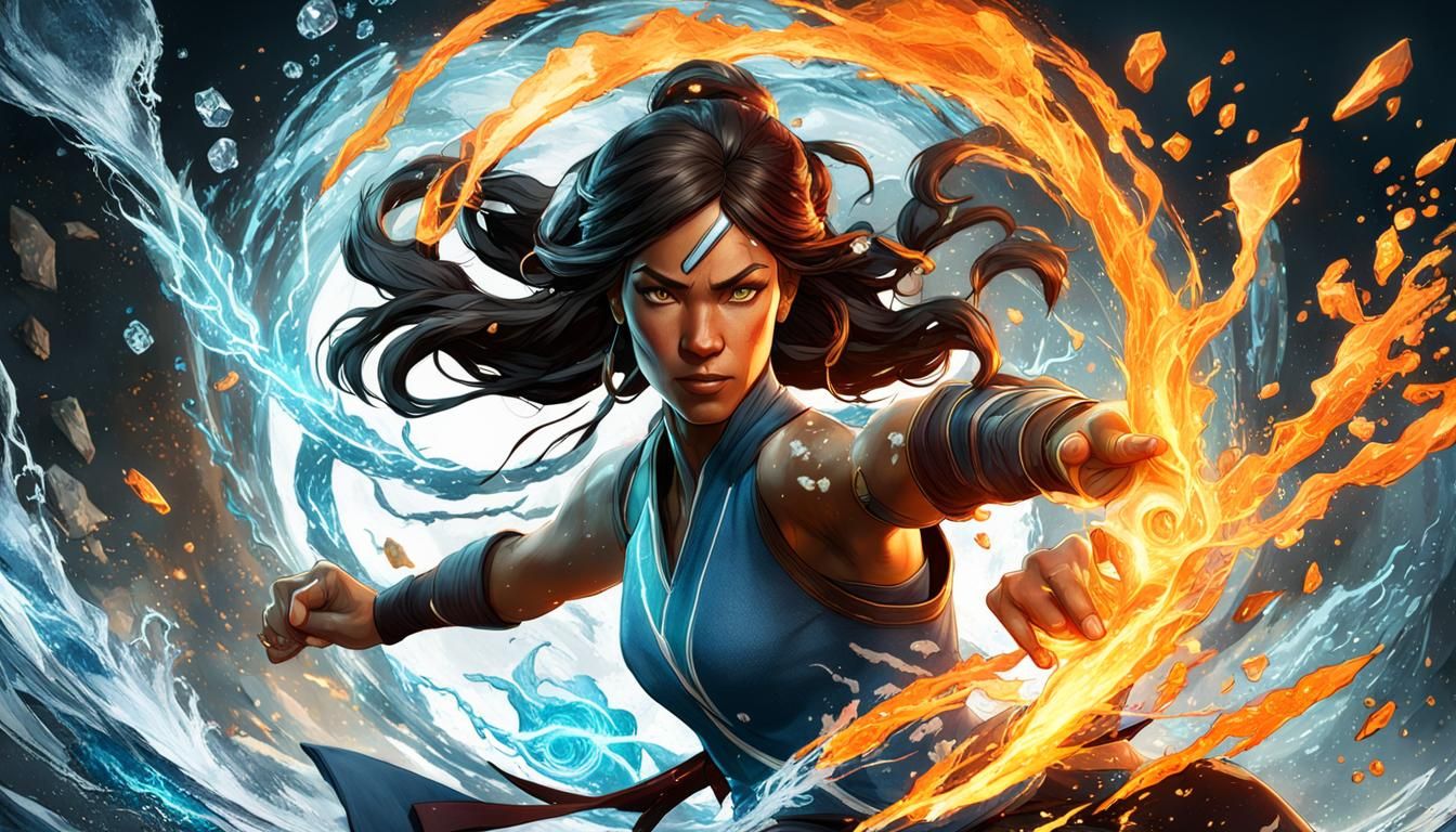Avatar Korra, fighting, four elements, Hyperrealistic, 8k resolution ...