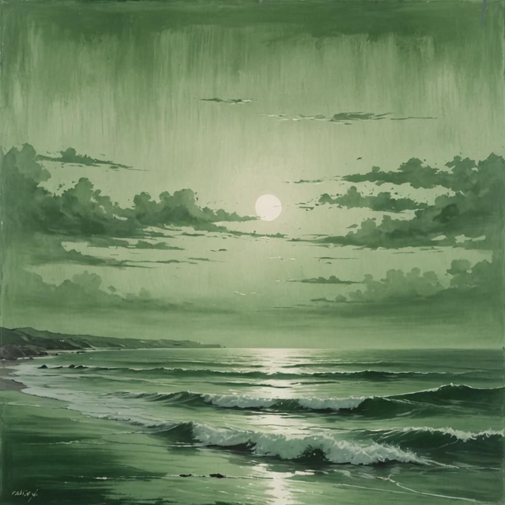 Green Monotone Seascape - Muted Green Seascape in a Monochr...