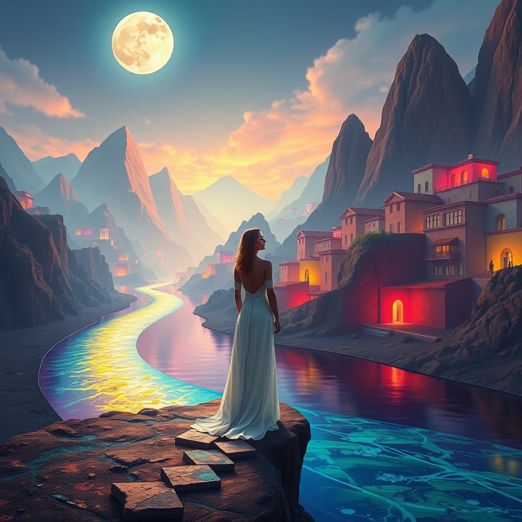 A surreal river scene with all cube shaped mountains with glowing colors