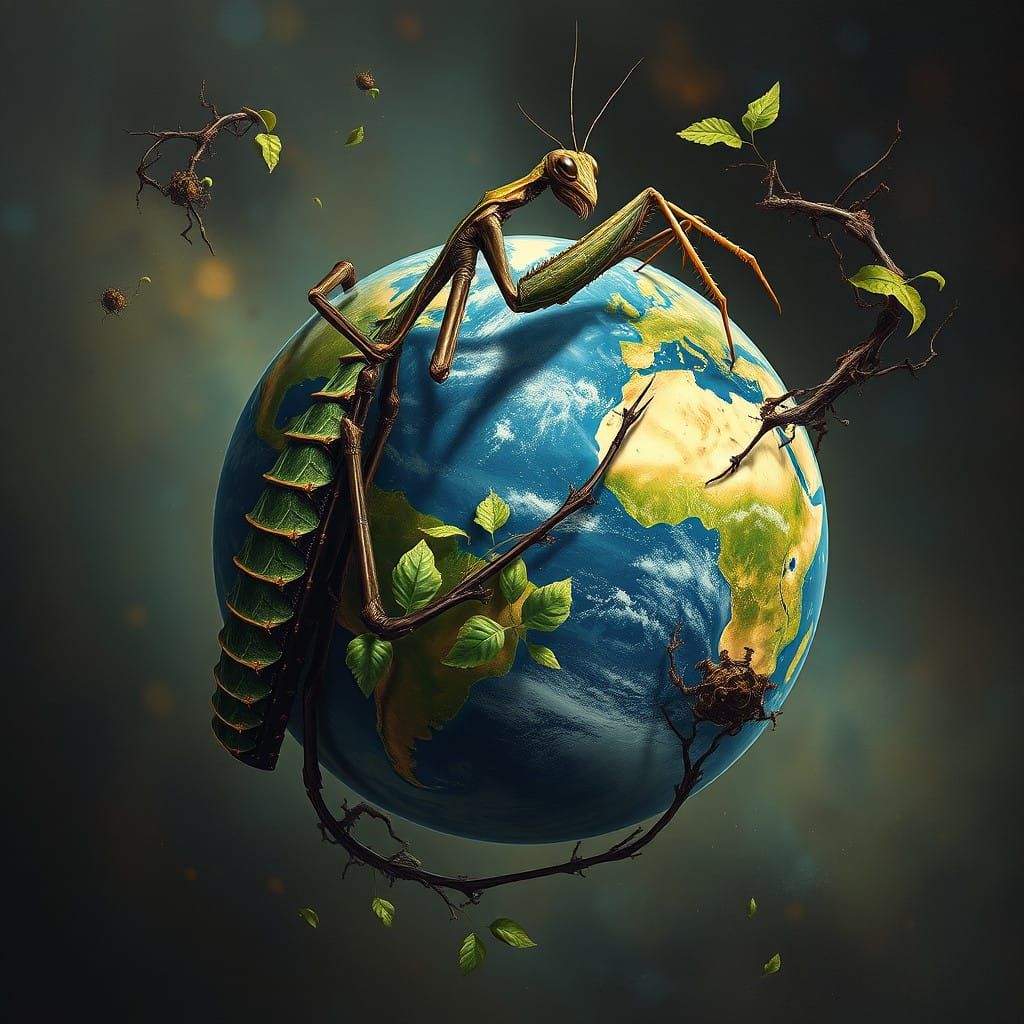Cosmic Mantis Devours the Earth - AI Art