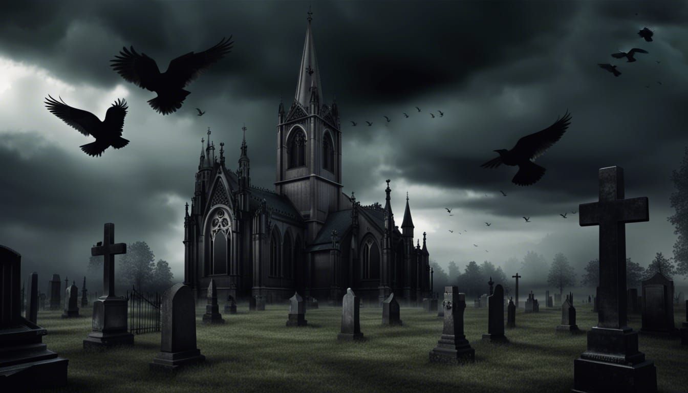 Huge Gothic church, dark clouds, crows circling, gothic graves on ...