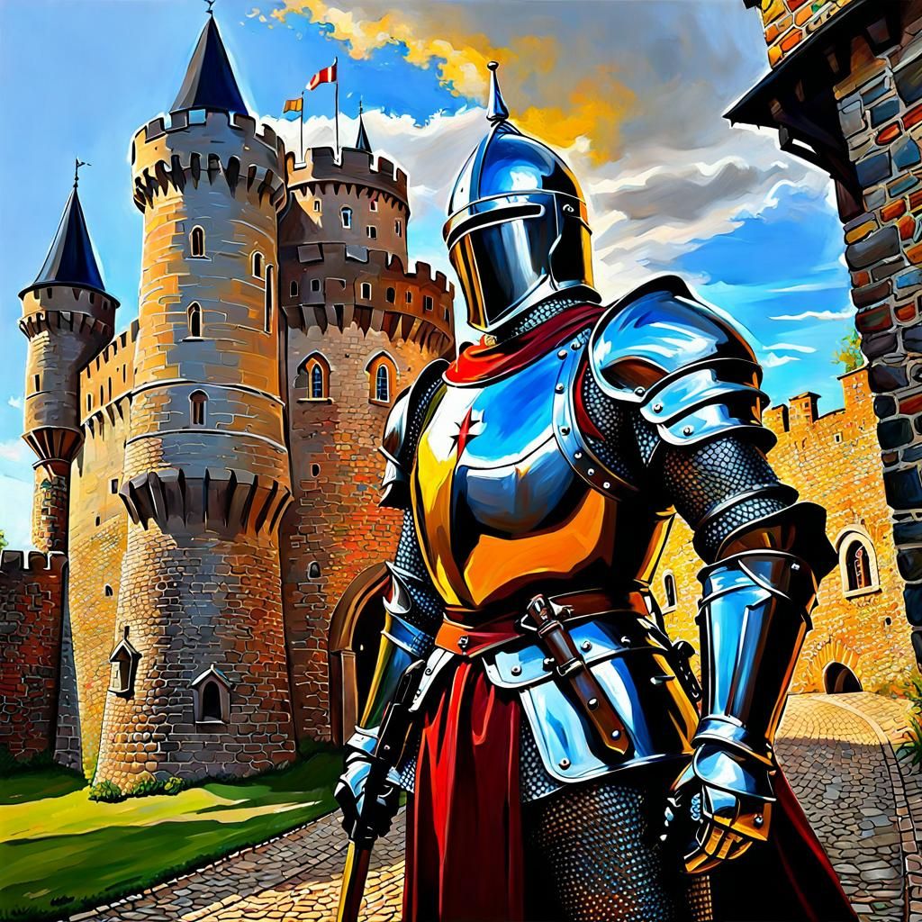 Oil painting of a metallic knight guarding a castle - AI Generated ...