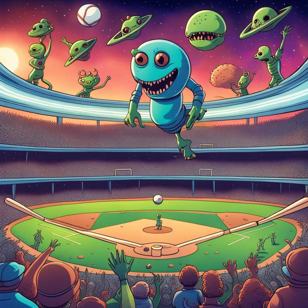 a very cool space baseball stadium with weird aliens playing baseball ...