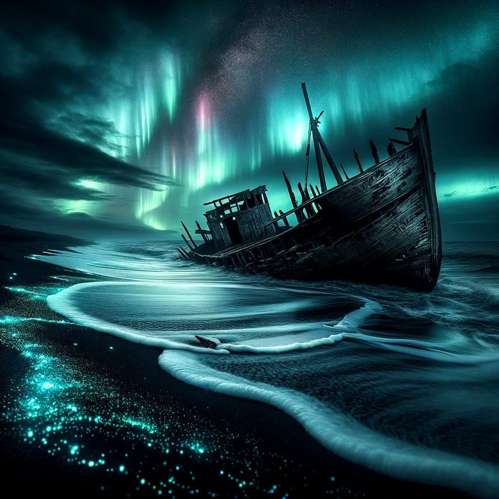 Shipwreck Beneath the Aurora - Shipwreck at Night Under Nort...