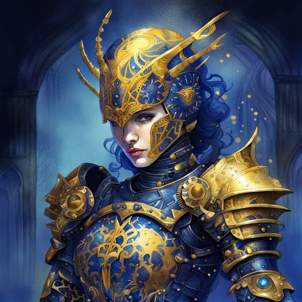 sinister female knight, iridescent indigo nanotech colour armour ...