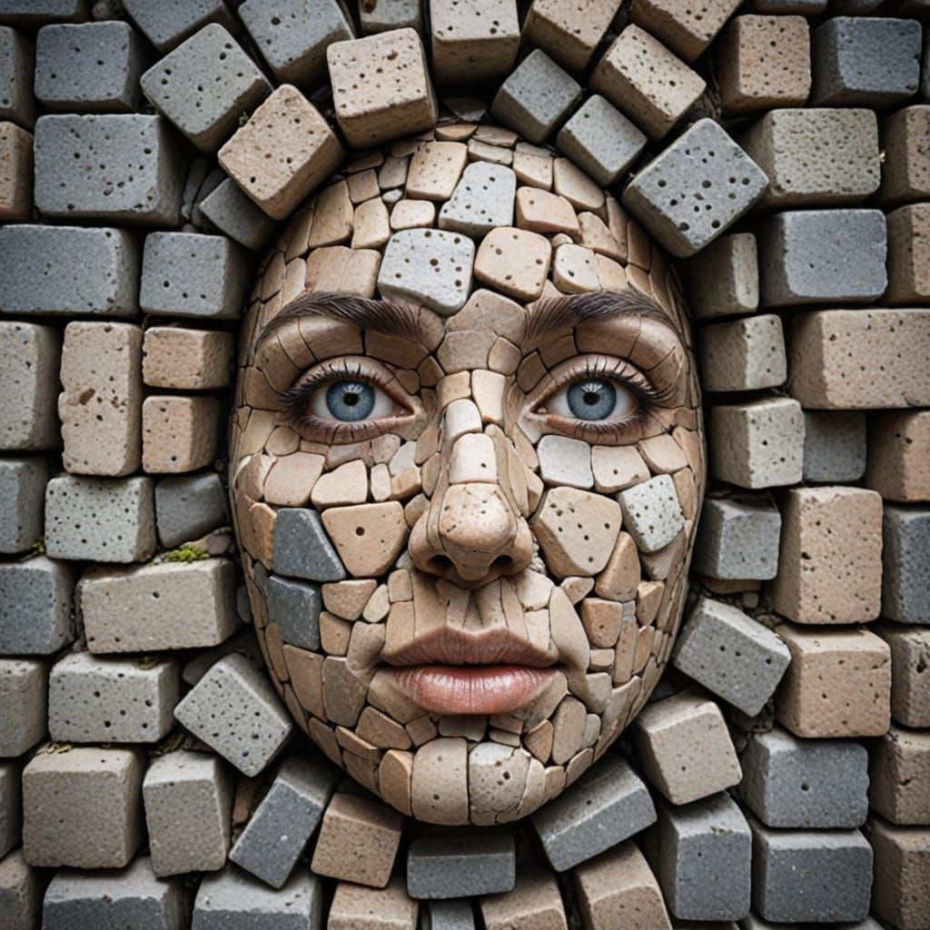 Building Of the face of the woman made from recycled worn and dirty ...