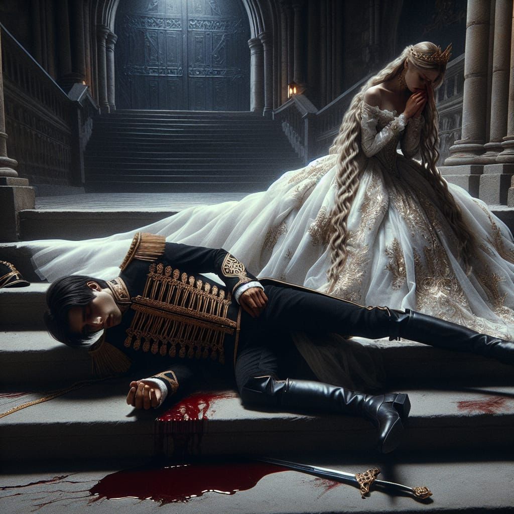 The image is of a dead prince sprawled across the stairs of Royal ...