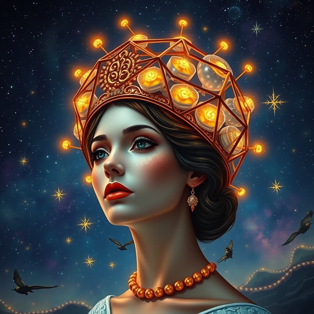 Whimsical Cosmic Goddess Amidst Fireflies and Star... - AI Art