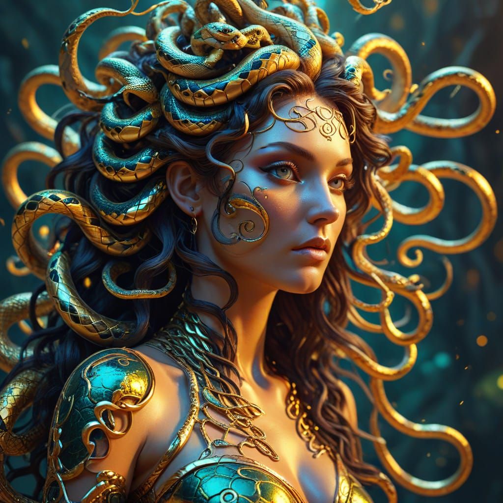 Petrifying Gaze - Mystical Medusa in Vibrant Digital Paintin...