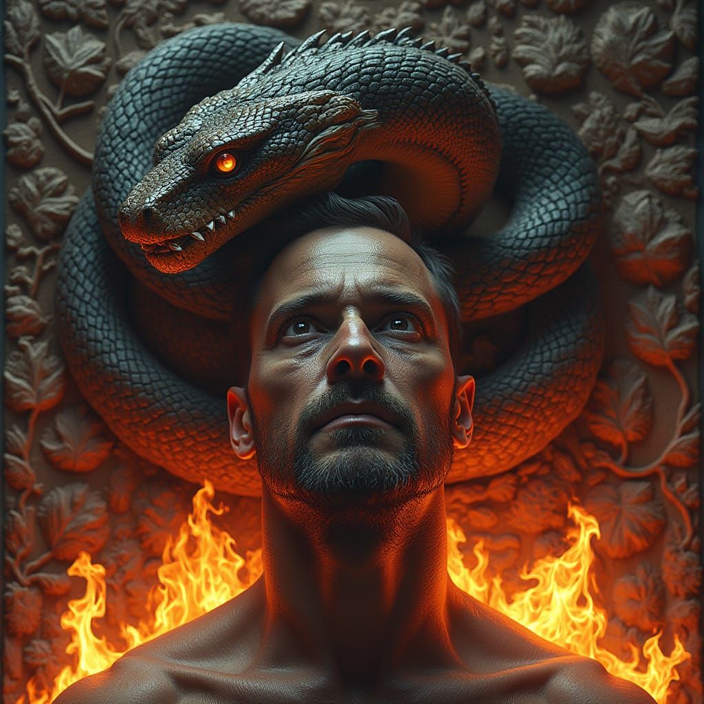 Dark Fantasy Snake Encircled Flames Amidst Ancient... - AI Art