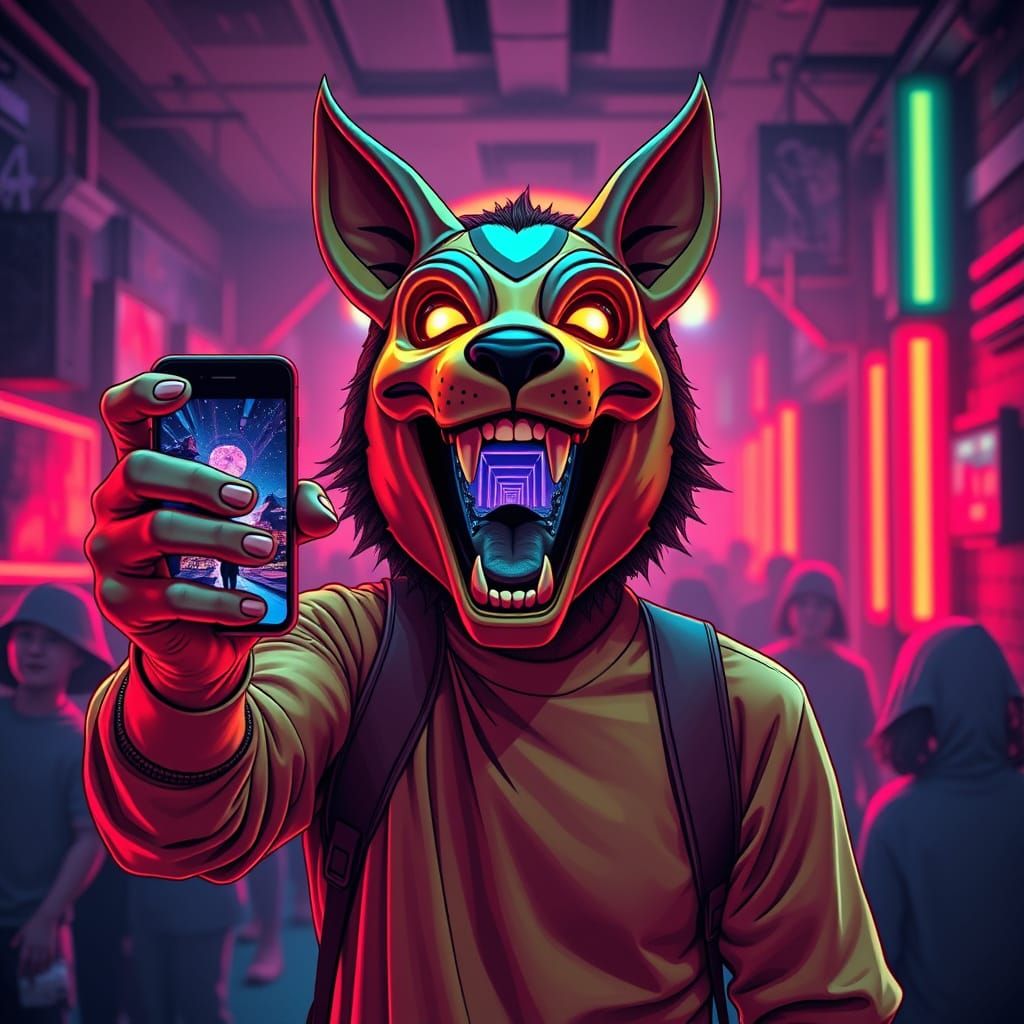 Ecstatic Horror Fan Triumphantly Holds Up Phone wi... - AI Art