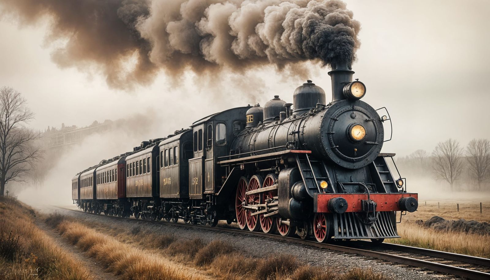 A vintage steam engine train chugging through a foggy landscape
