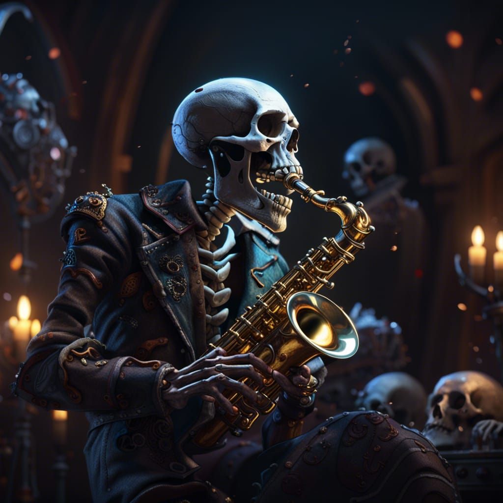 skeleton playing saxaphone - Skeleton Saxophonist: Dark Fant...