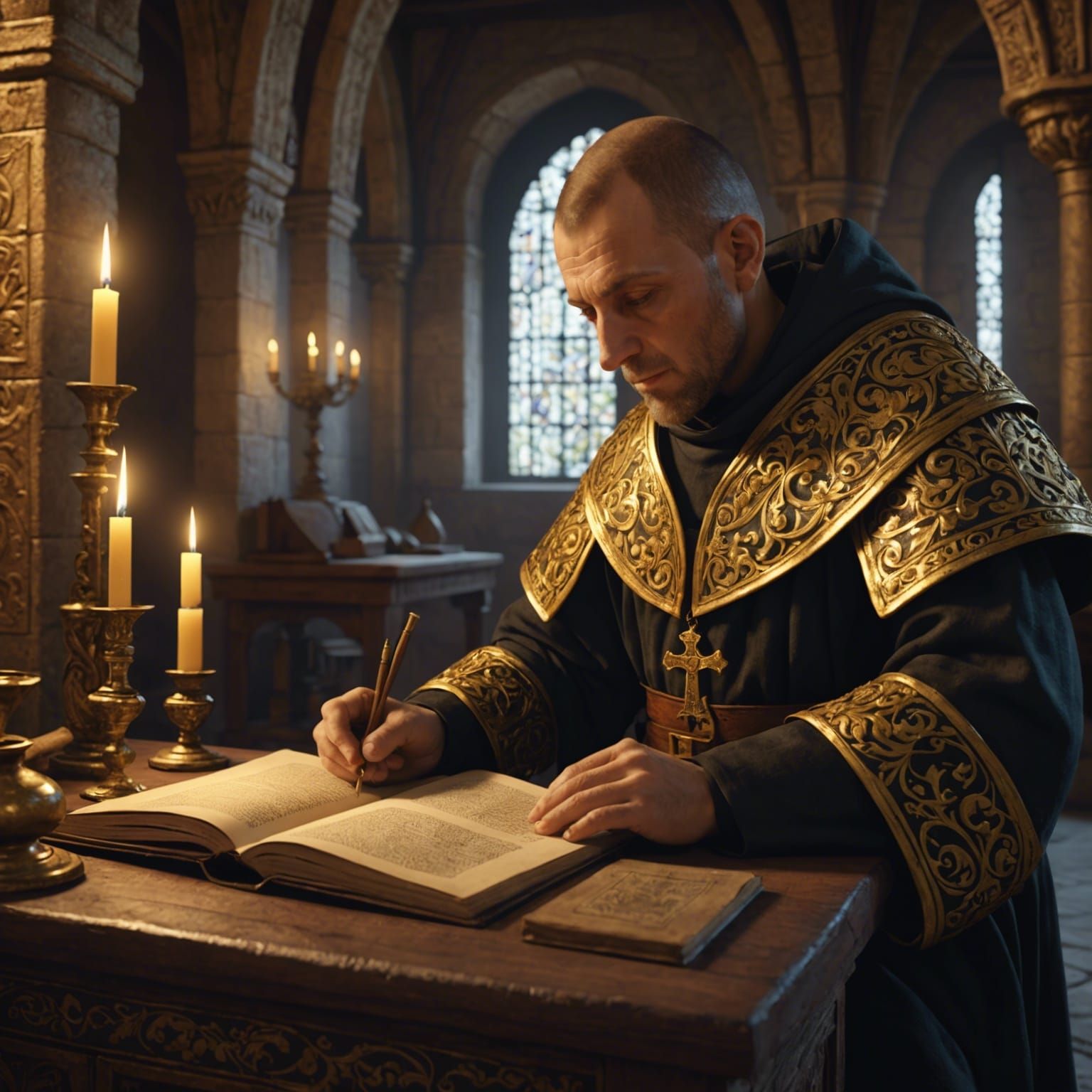 A medieval monk painting an illuminated manuscript - AI Generated ...