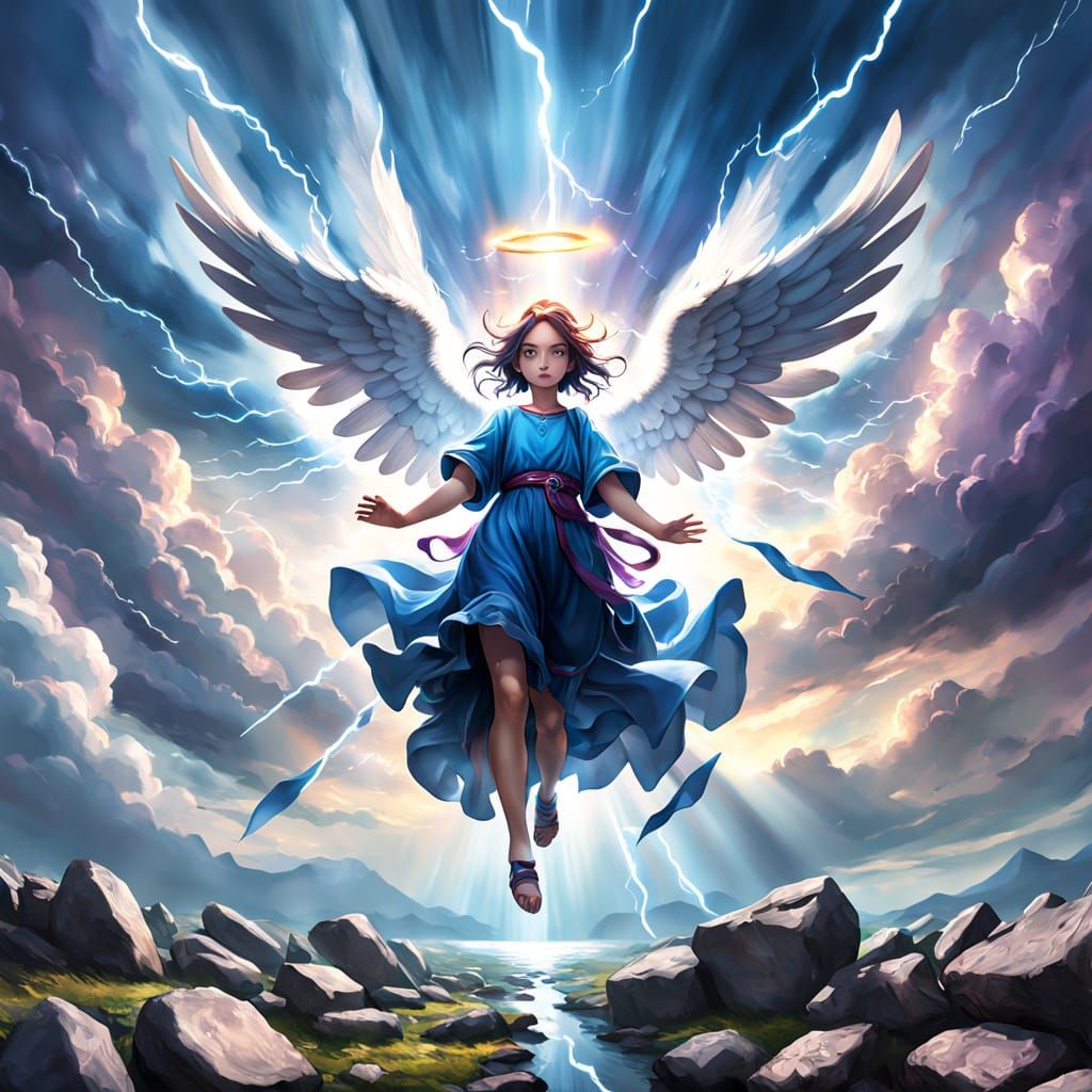 Angel - Angel Ascends Above Turbulent Skies in Hyper-Realis...