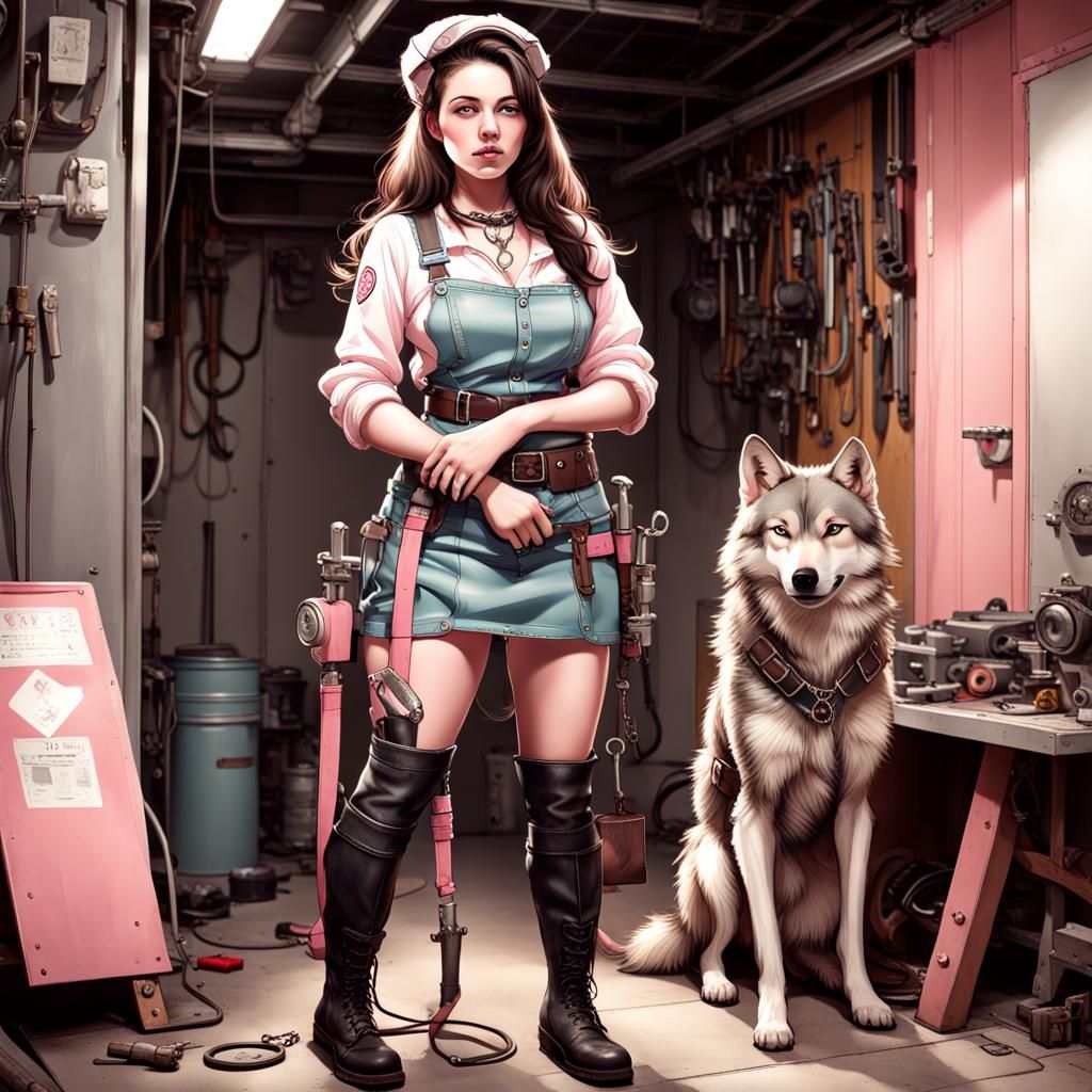 Cyberpunk, pinup mechanic maiden with a pet wolf. Vintage vibes. - AI ...