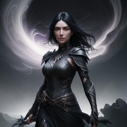 Young black haired girl with a magic wand of obsidian black sands ...