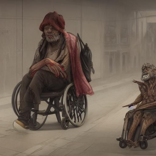 filthy homeless man with bloody eyes pushing a filthy man sitting in a ...