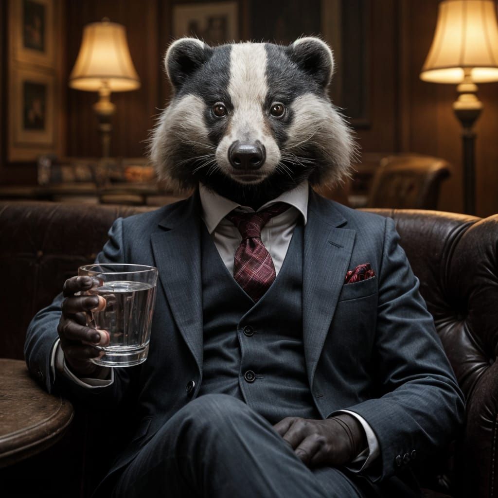 Sophisticated Badger in a Suit Sips Vodka in a Moo... - AI Art