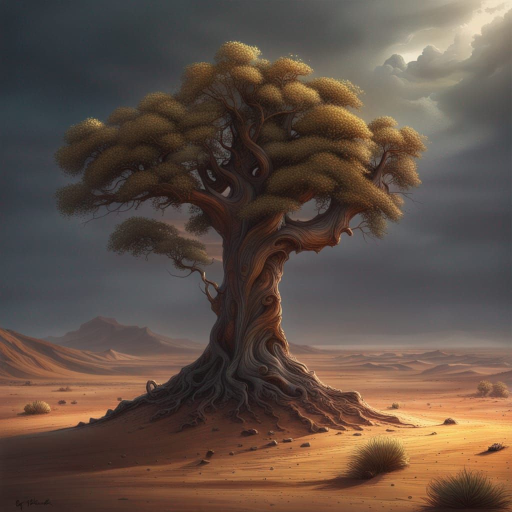A lonesome tree in a desert landscape, high resolution, awesome detail ...